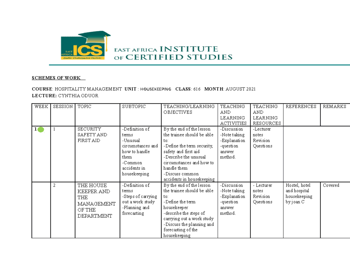 Schemes OF WORK F&B Management - SCHEMES OF WORK COURSE : HOSPITALITY ...