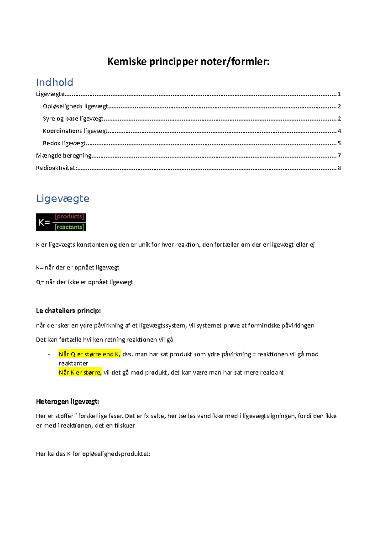 Kemiske principper noter - Kemiske principper noter/formler: Indhold ...
