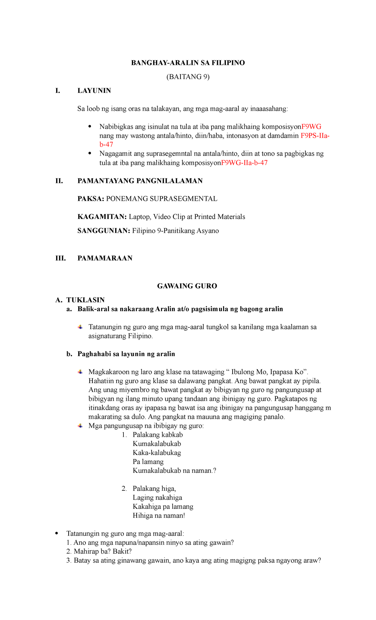 Cotfil 9 - LECTURE NOTES IN FILIPINO LESSON - BANGHAY-ARALIN SA ...