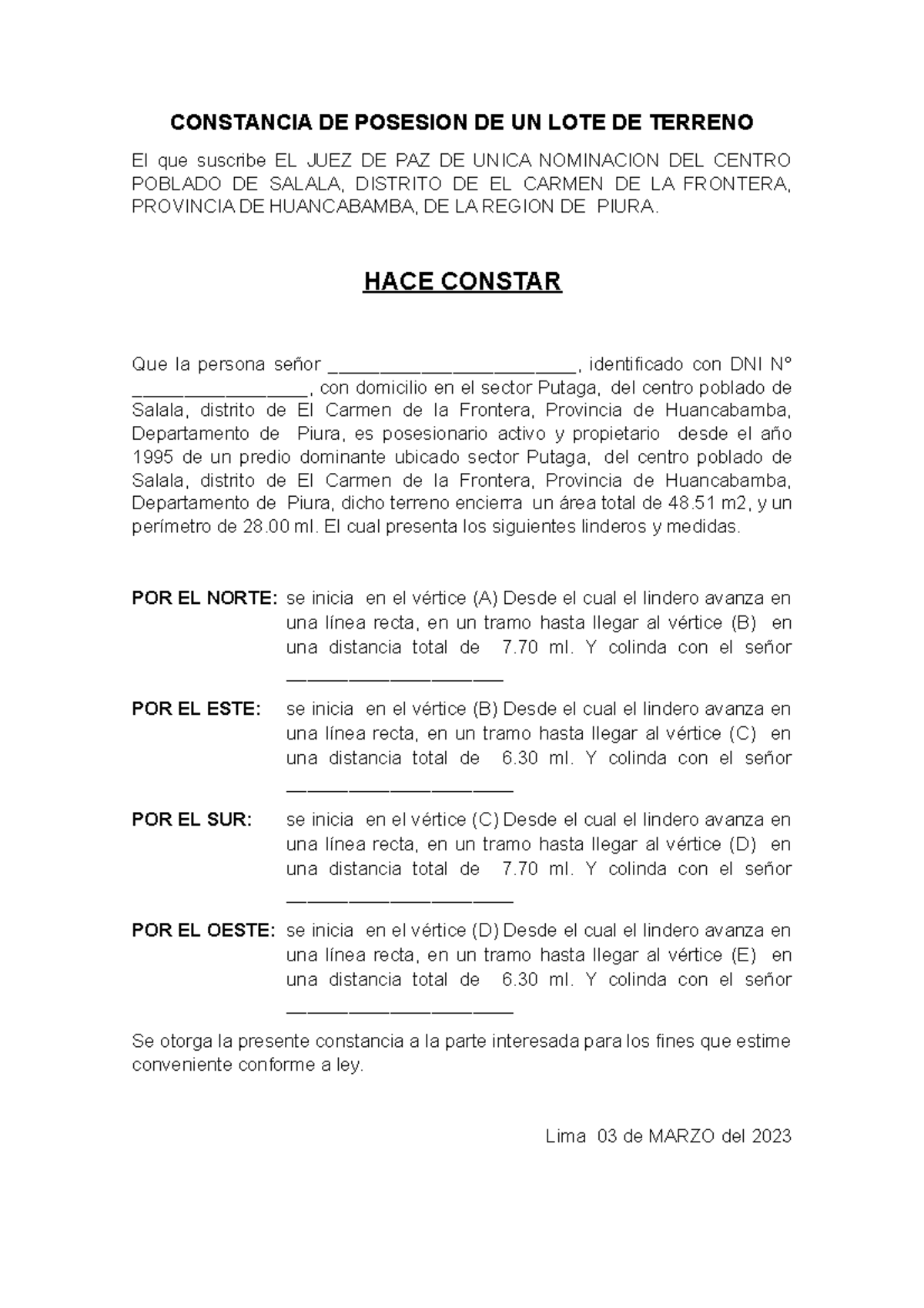 Constancia DE Posesion DE UN LOTE DE Terreno - CONSTANCIA DE POSESION ...