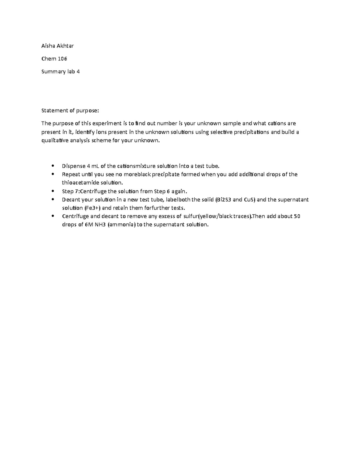 Lab 4 summary - Aisha Akhtar Chem 106 Summary lab 4 Statement of ...