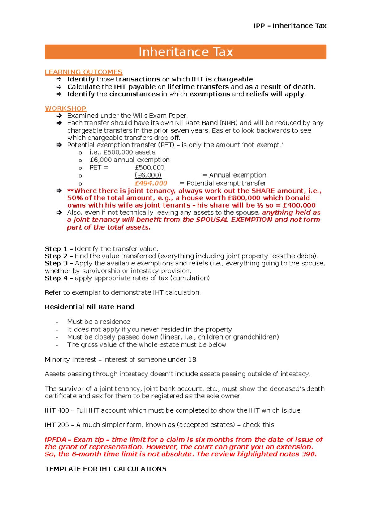 Inheritance Tax Consolidation Inheritance Tax Learning Outcomes