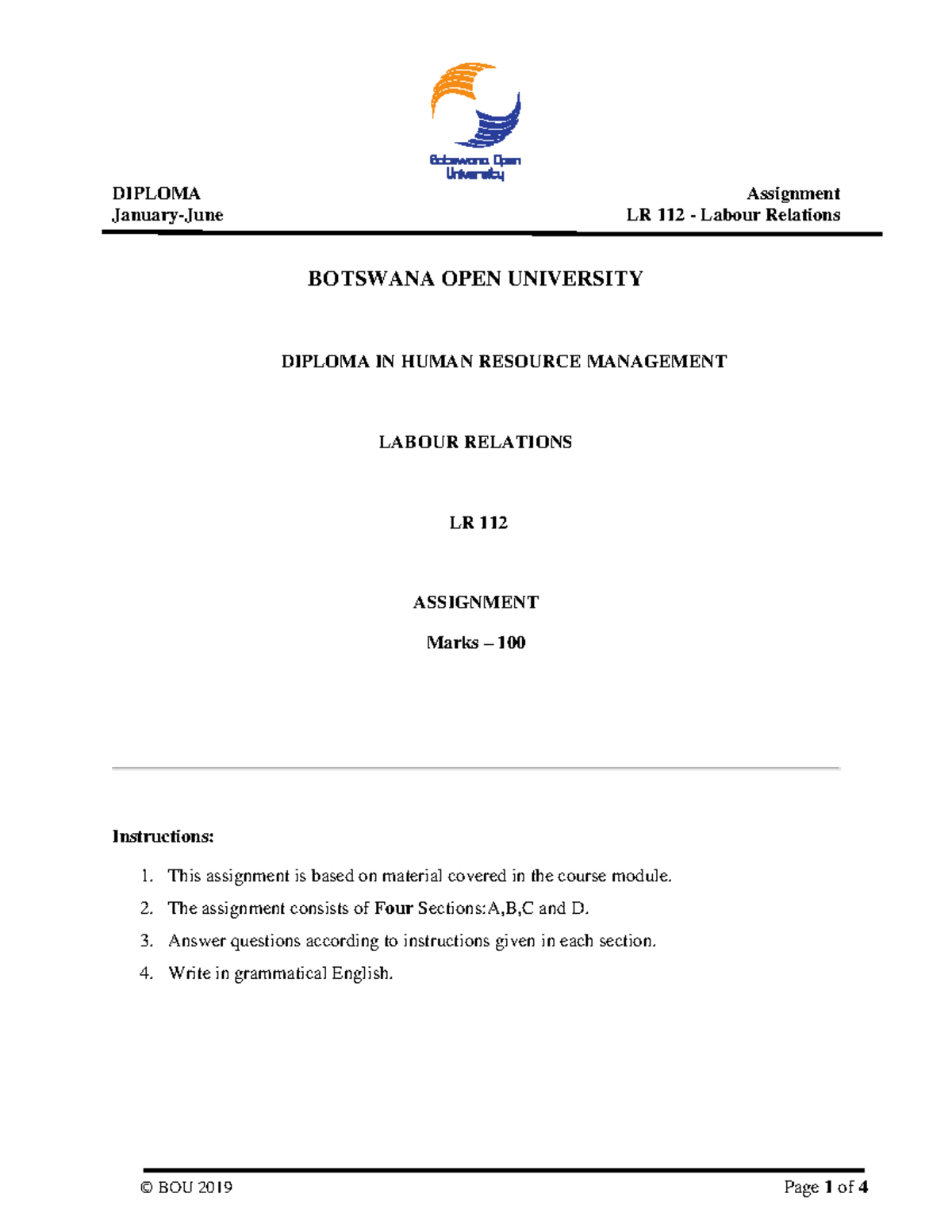 LR112 assignment labour relations (human resources management - January ...