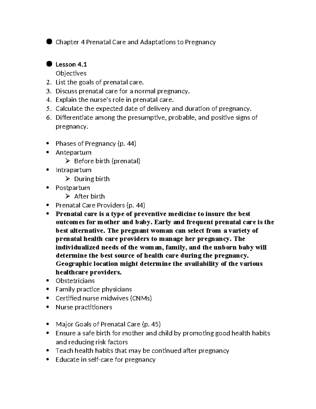 Maternal Child Nursing Unit 1 Ch 4 Outline - Chapter 4 Prenatal Care ...