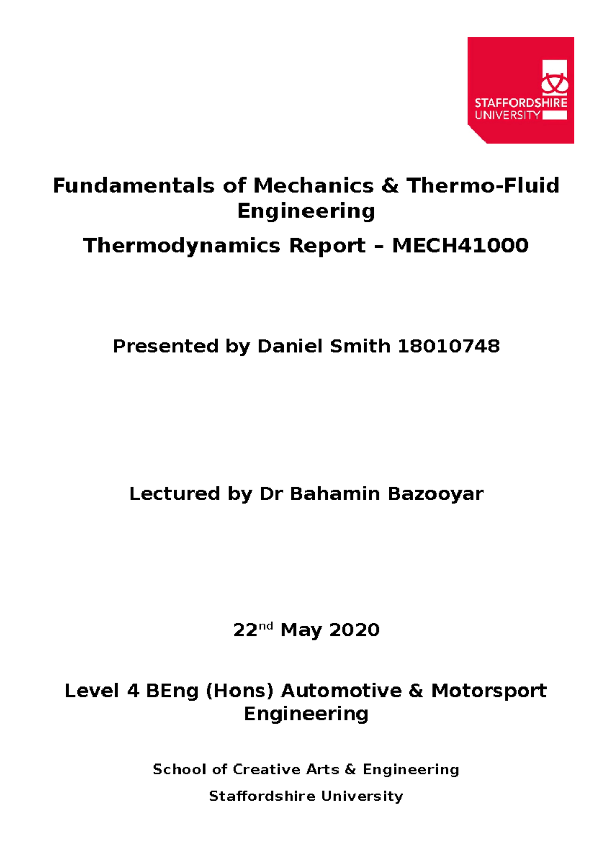 MECH41000 - Updated - Thermo Report - Fundamentals of Mechanics ...