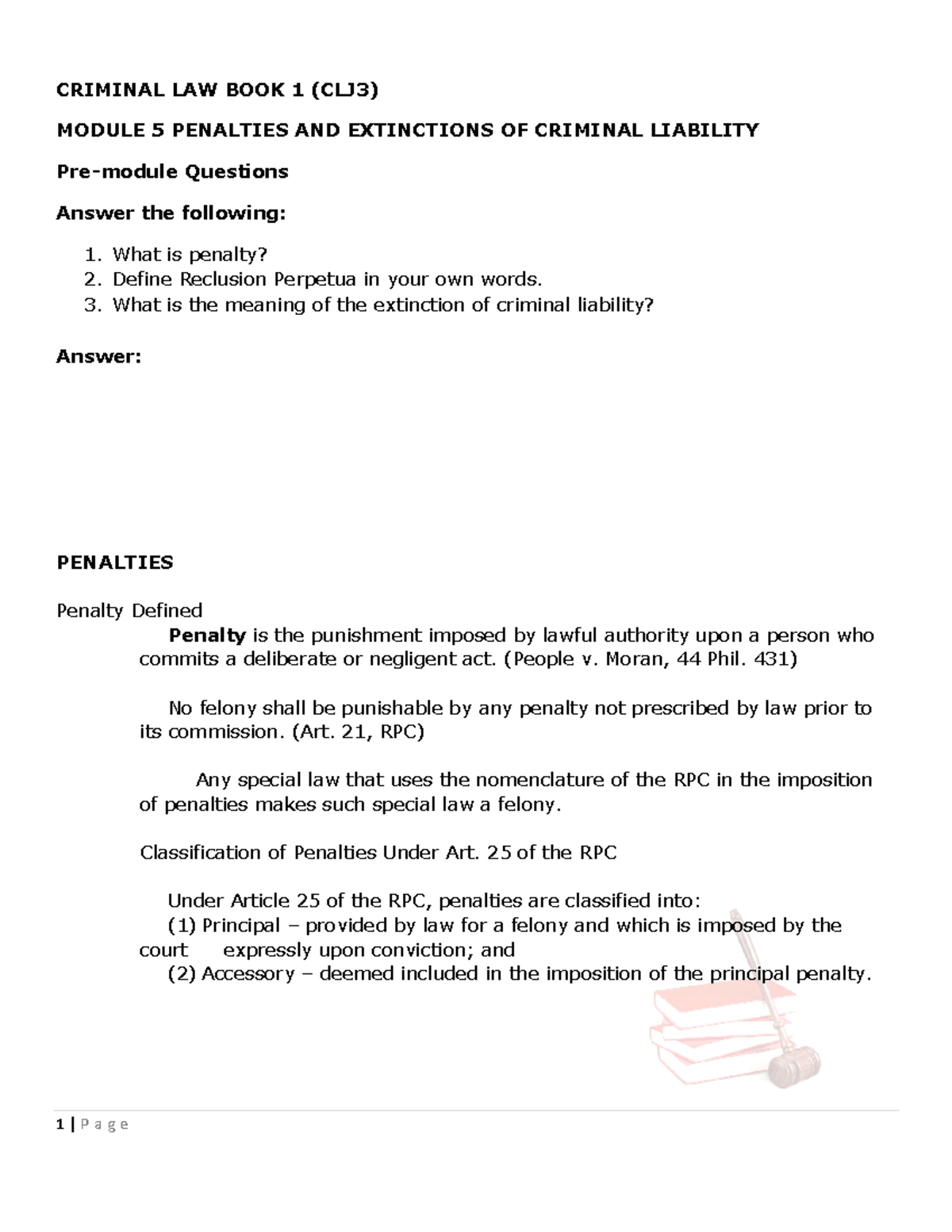 Module 5 Criminal LAW BOOK 1 - CRIMINAL LAW BOOK 1 (CLJ3) MODULE 5 ...
