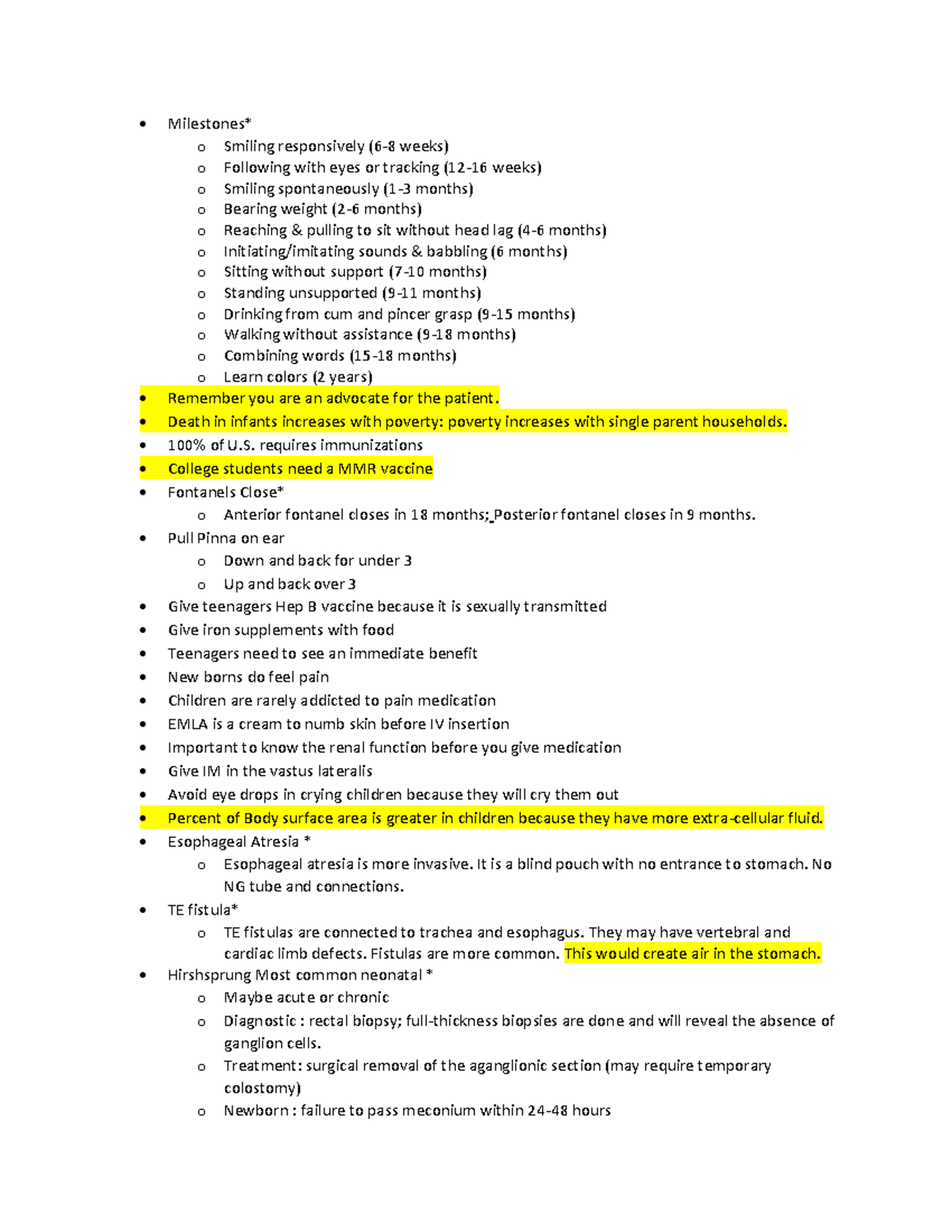 Pediatric Nursing - Milestones* o Smiling responsively (6-8 weeks) o ...