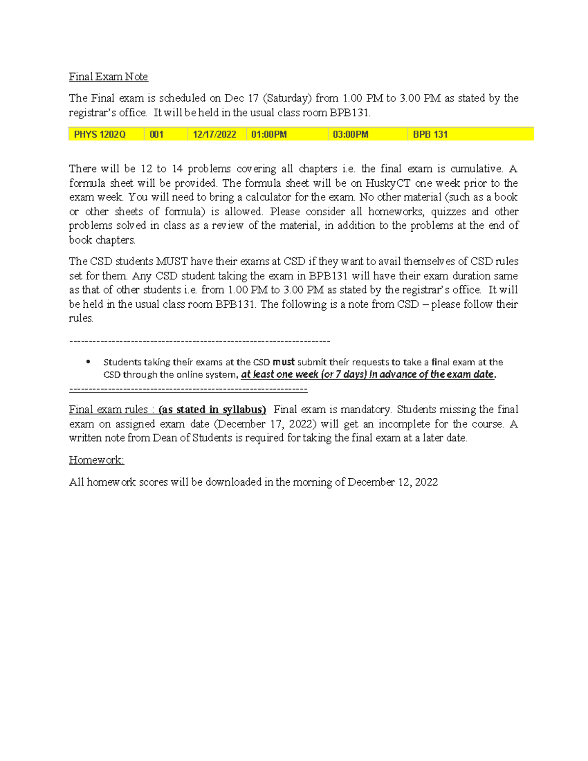 Final Exam Note - 2022 - Final Exam Note The Final exam is scheduled on ...