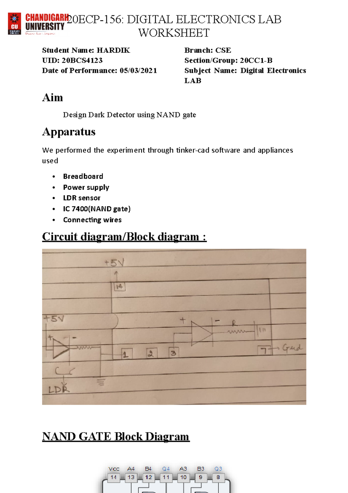 CSE - Digital Electronics Lab Experiment - WORKSHEET Student Name ...