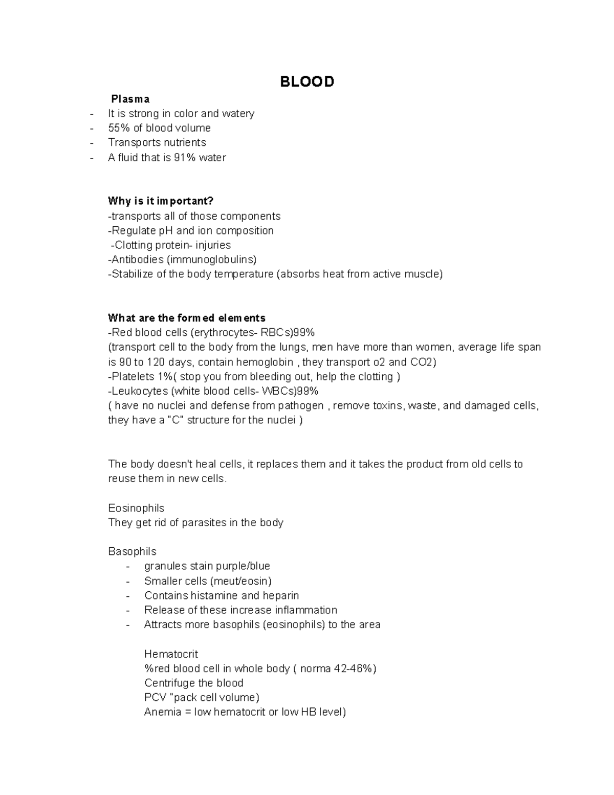 AP Blood - lecture notes - BLOOD Plasma It is strong in color and ...