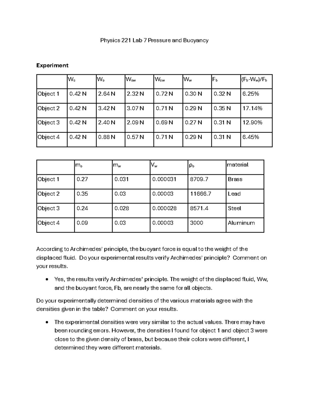 Physics 221 Lab 7 Pressure and Buoyancy - Physics 221 Lab 7 Pressure ...