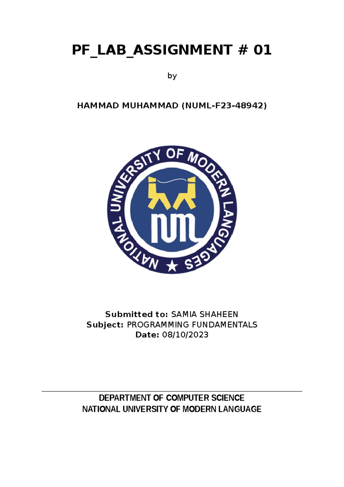 Pf Lab Assignment01 Lab Task Pflabassignment 01 By Hammad Muhammad Numl F23 48942 2084