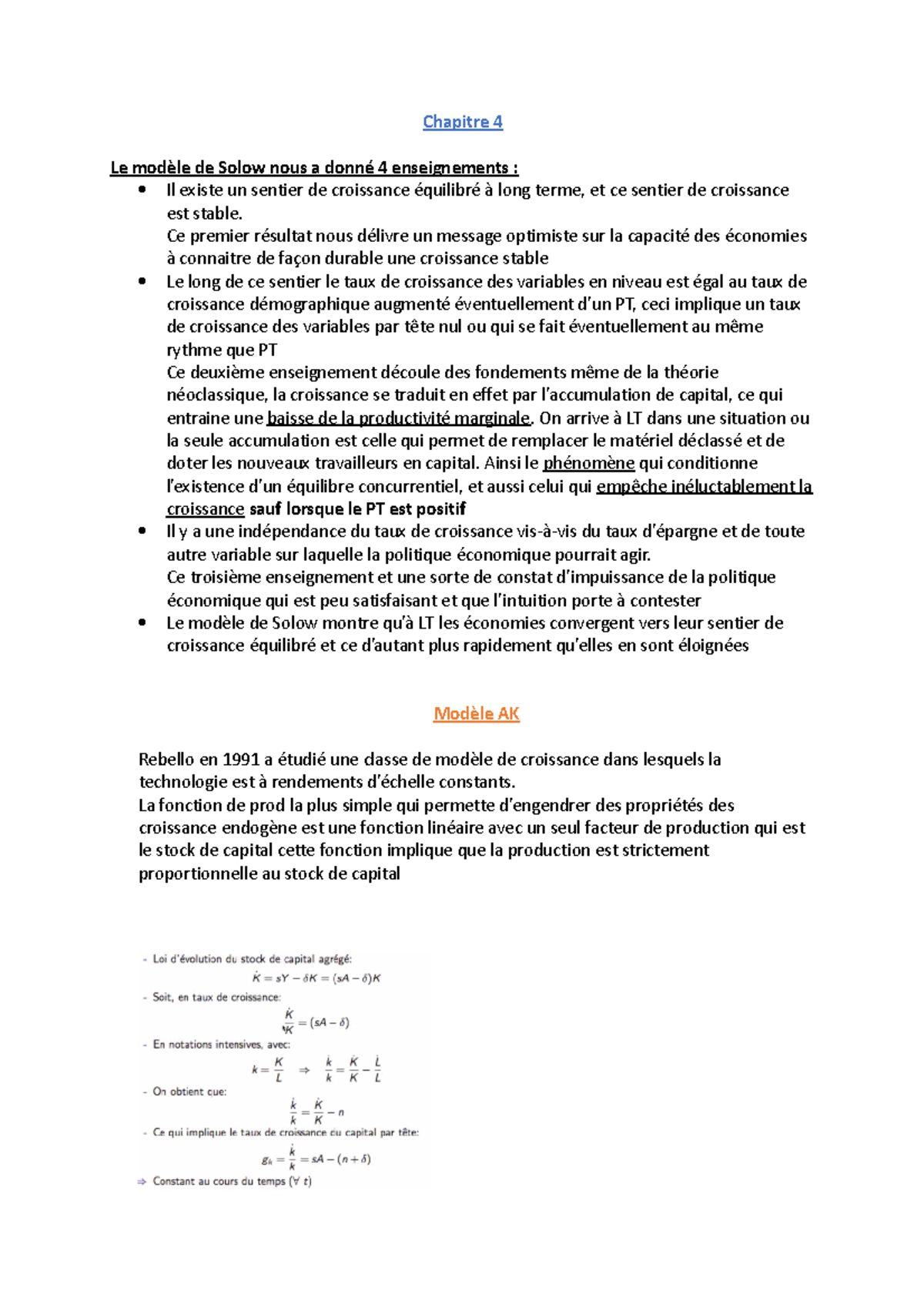 Macro Chap4 - Chapitre 4 Le modèle de Solow nous a donné 4 enseignements : Il existe un sentier ...