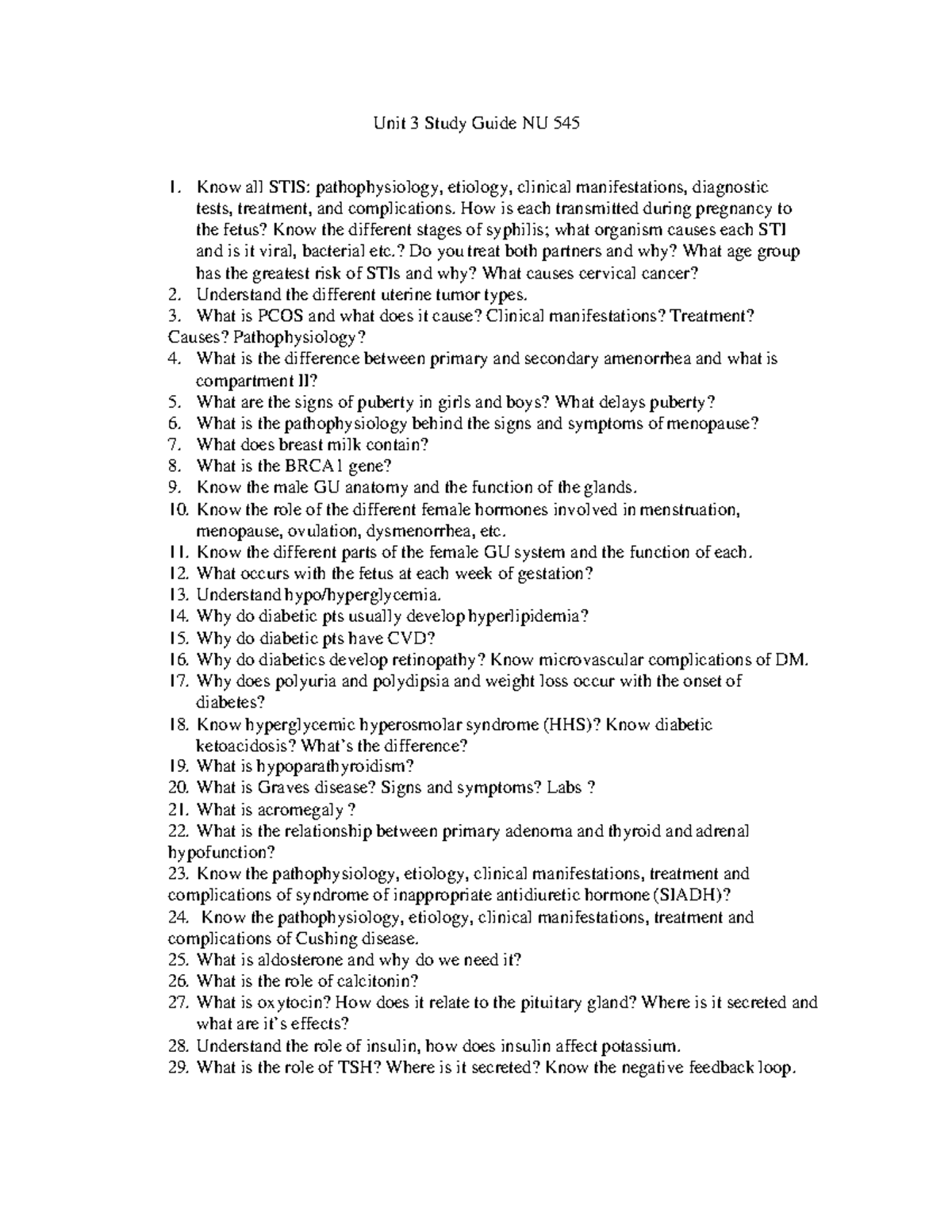 545 unit 3 study guide fall 2020 1 - Unit 3 Study Guide NU 545 Know all ...