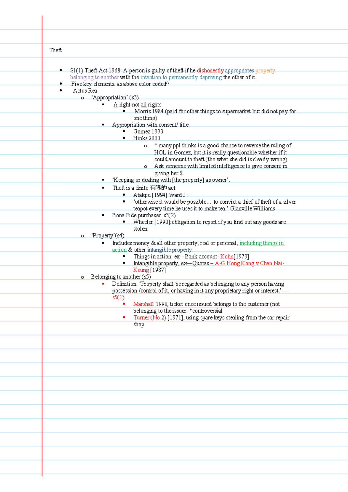 Theft Notes[O] - Theft S1(1) Theft Act 1968: A person is guilty of ...