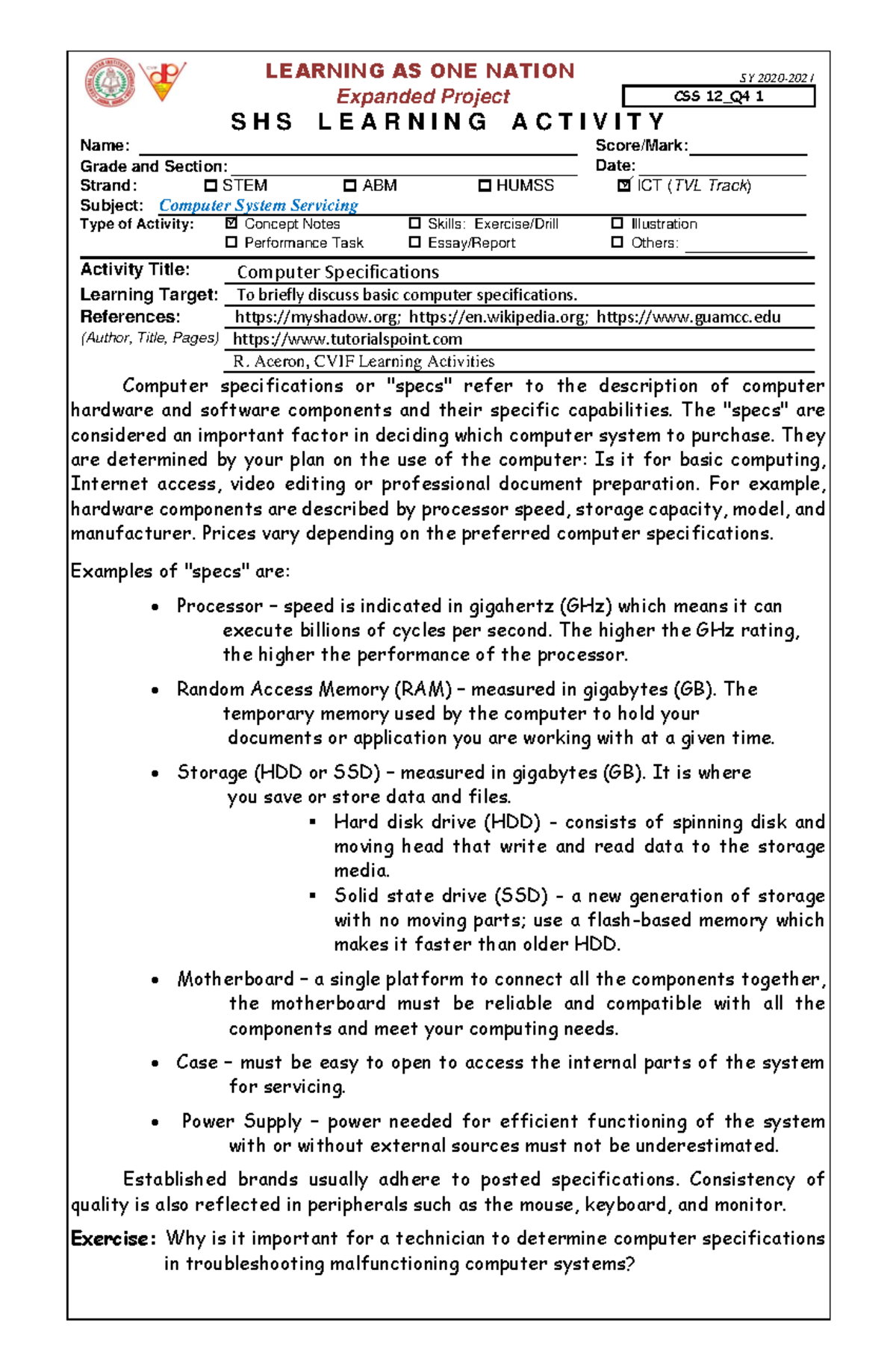 ICT CSS 12 LAS 6 Computer Specifications - ... LEARNING AS ONE NATION ...