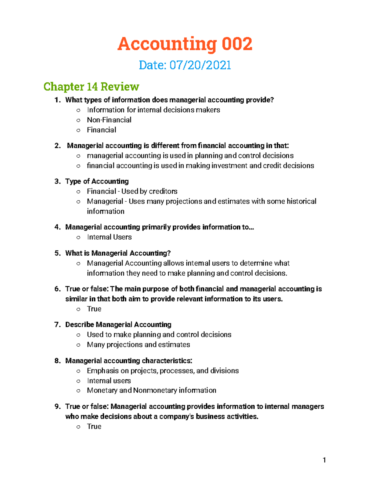 Review #14 - Accounting 002 - Accounting 002 Date: 07/20/ Chapter 14 ...