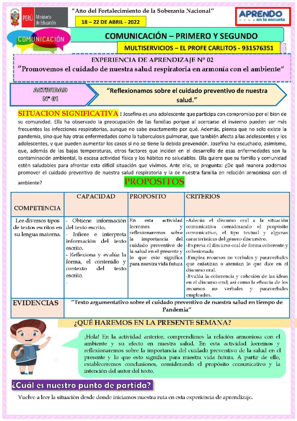 Experiencia DE Aprendizaje 2 - Actividad 1 - 1ERO Y 2DO Grado - Comunicacion 00001 - Studocu