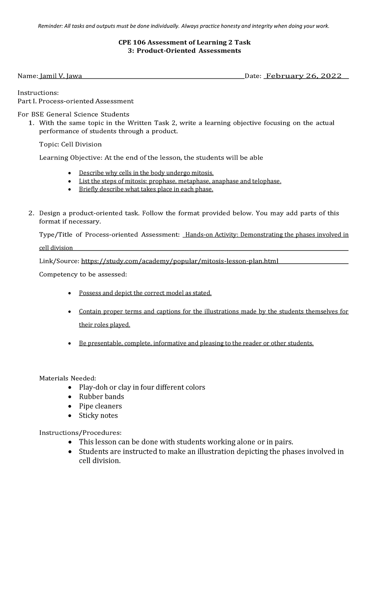 CPE 106 Written Task 3 Product Oriented Assessment - CPE 106 Assessment ...