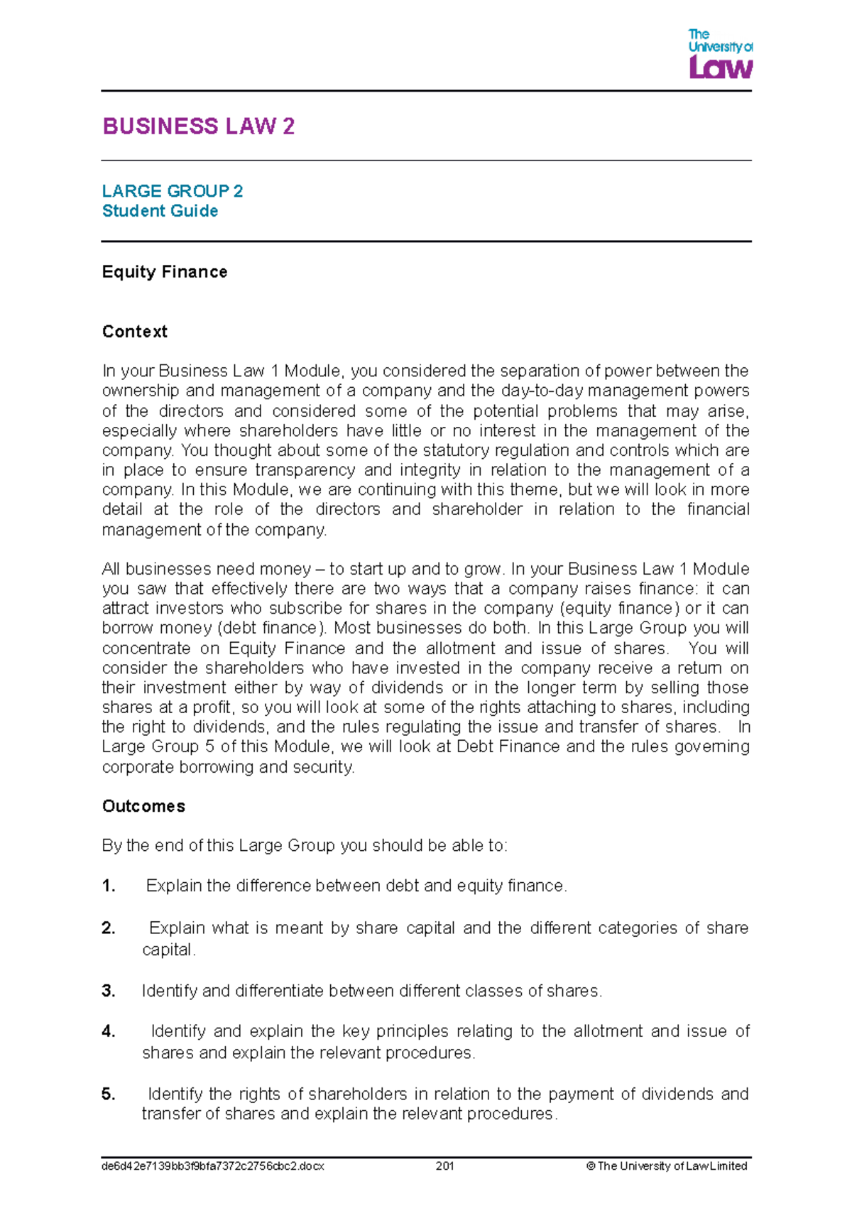 UNIT 2 Equity Finance Notes and SG - BUSINESS LAW 2 LARGE GROUP 2 ...