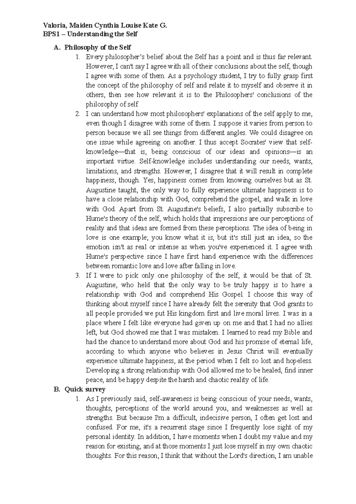 Valoria Uself Reflection - Valoria, Maiden Cynthia Louise Kate G. BPS1 – Understanding the Self ...