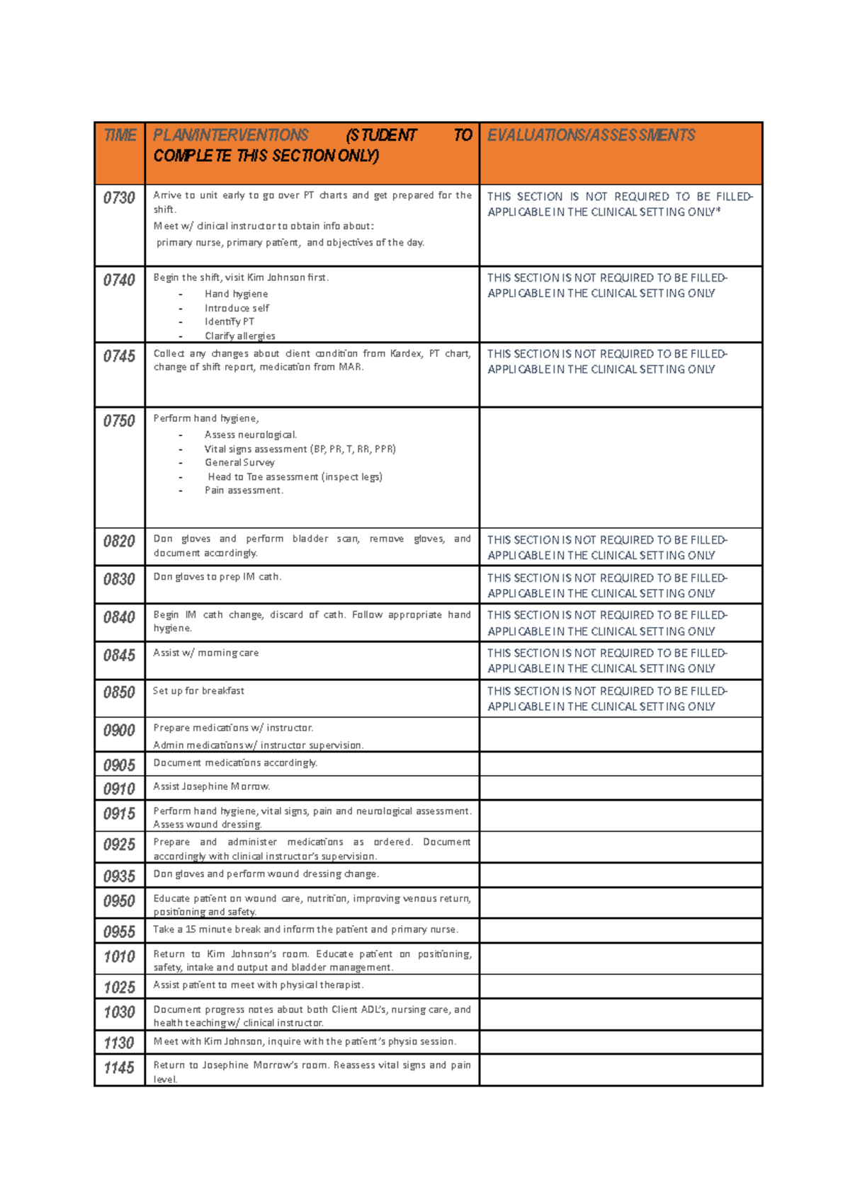 Time plan 2 Patients VSIM Lab - TIME PLAN/INTERVENTIONS (STUDENT TO ...