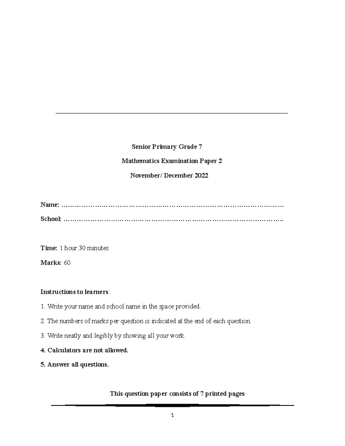 Grade 7, Mathematics Paper 2 - Senior Primary Grade 7 Mathematics ...