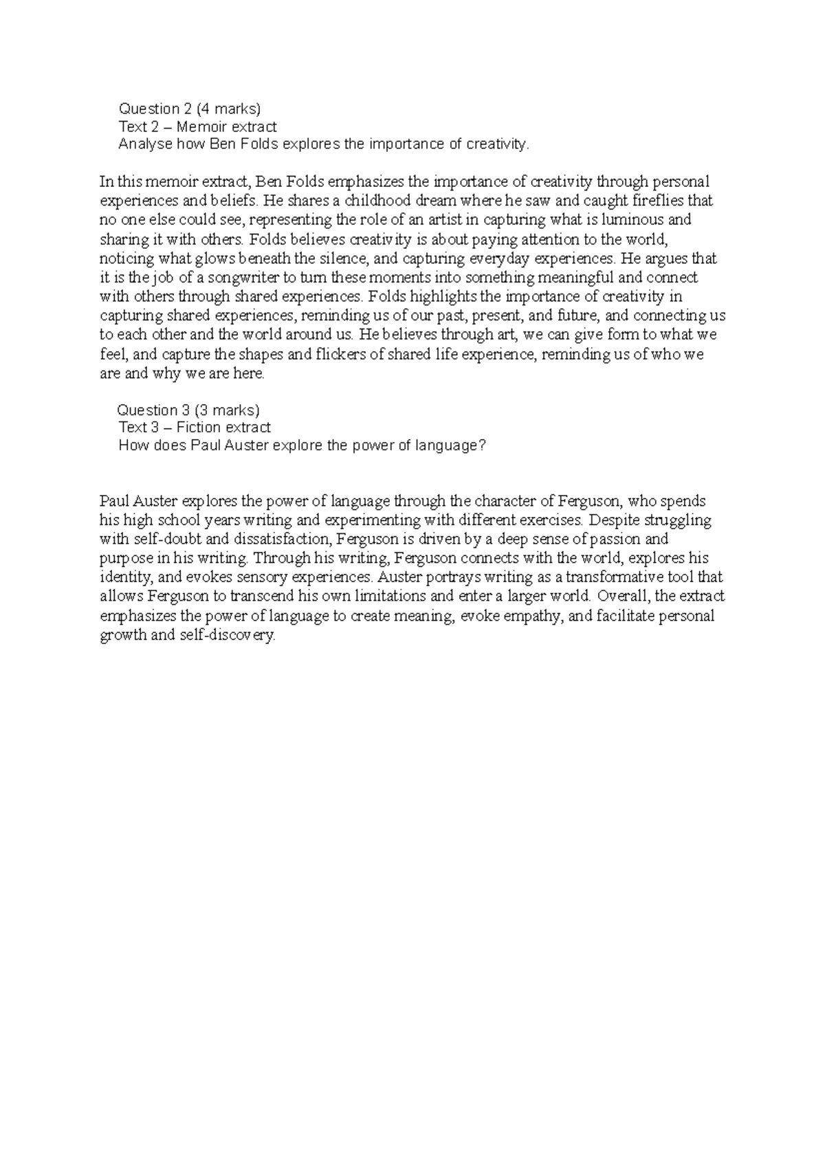 Sample short answer - Question 2 (4 marks) Text 2 – Memoir extract ...