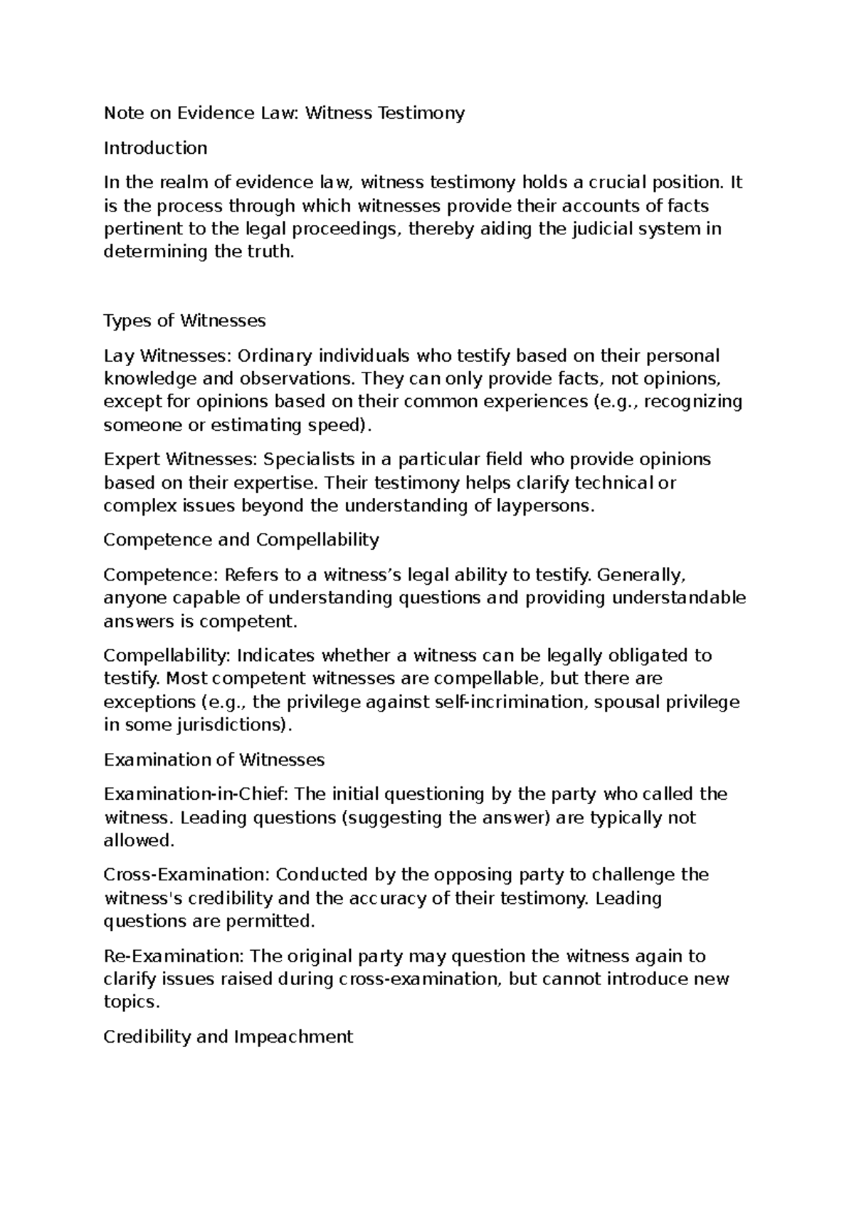 Note on Evidence Law - It is the process through which witnesses ...