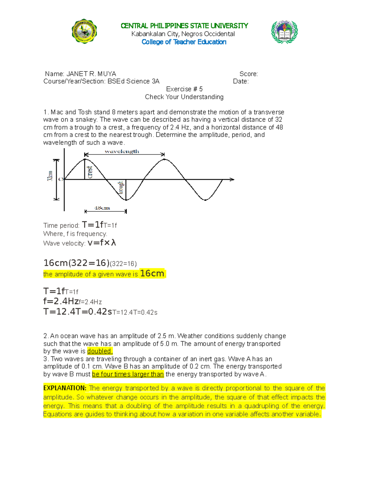 Waves AND Optics Exercise #5 - CENTRAL PHILIPPINES STATE UNIVERSITY ...