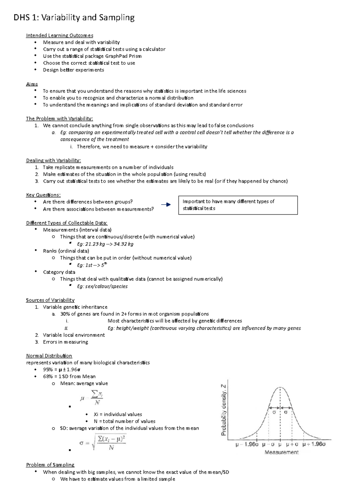 Dhs 1 notes abc - DHS 1: Variability and Sampling Intended Learning ...