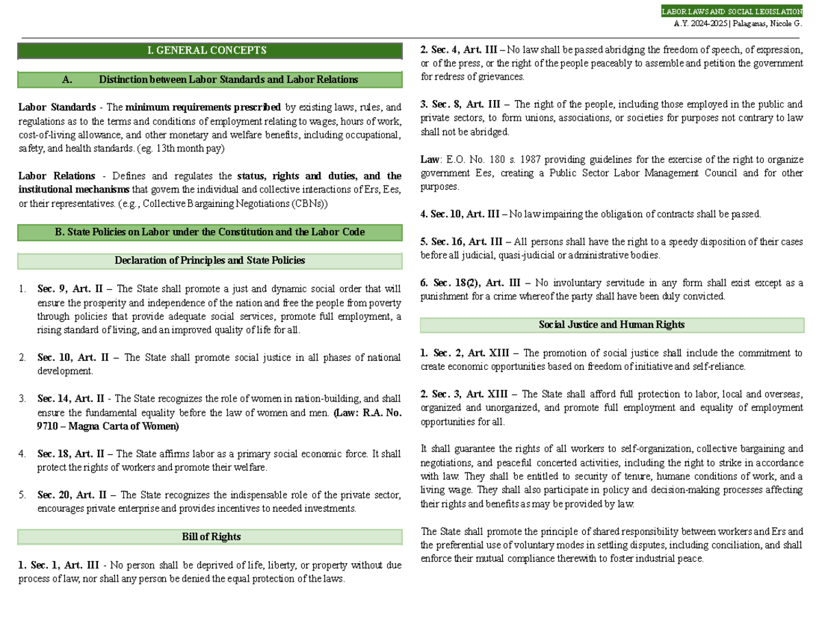 Labor LAW KOI Notes - A. 2024-2025 | Palaganas, Nicole G. I. GENERAL ...