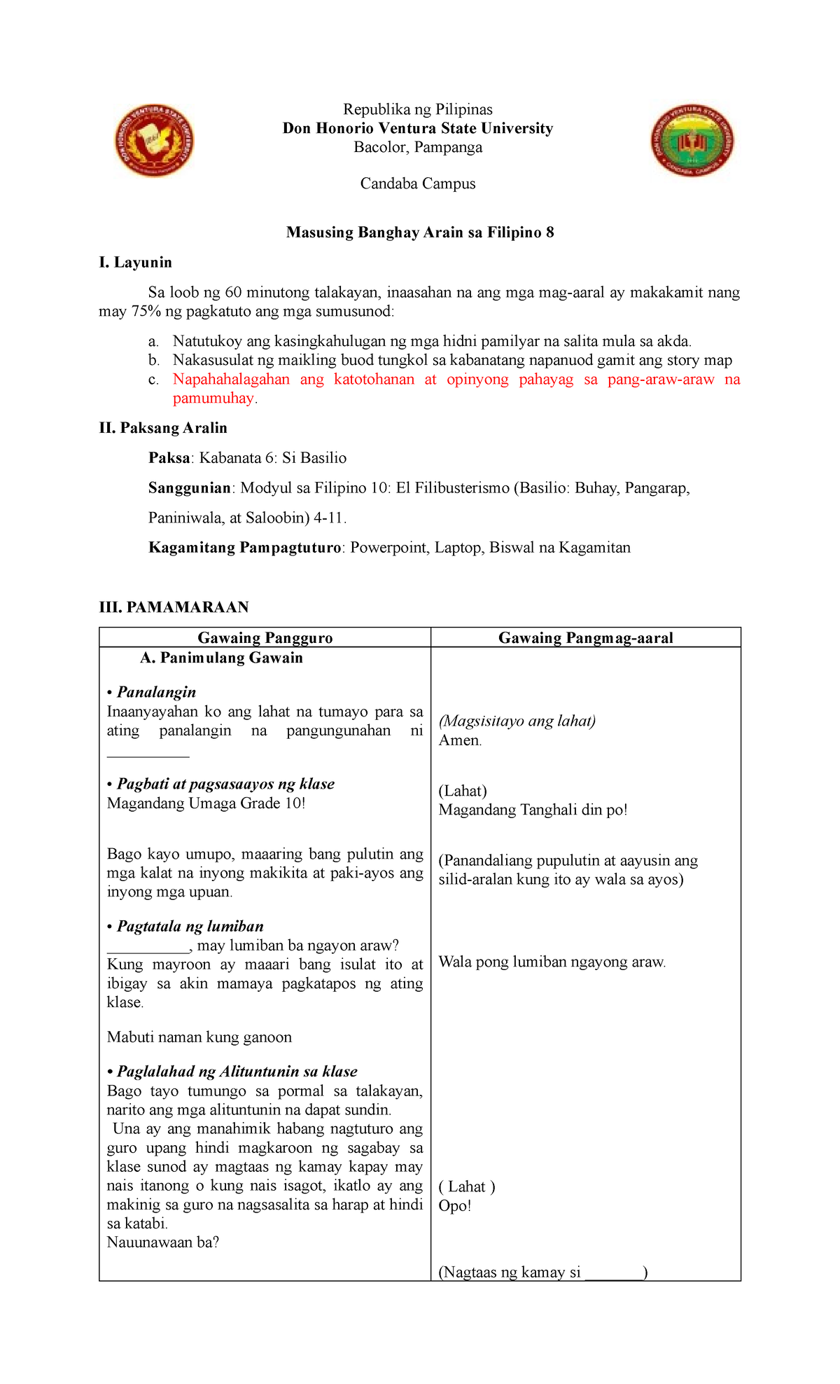 Lesson Plan- Si Basilio - Republika ng Pilipinas Don Honorio Ventura ...
