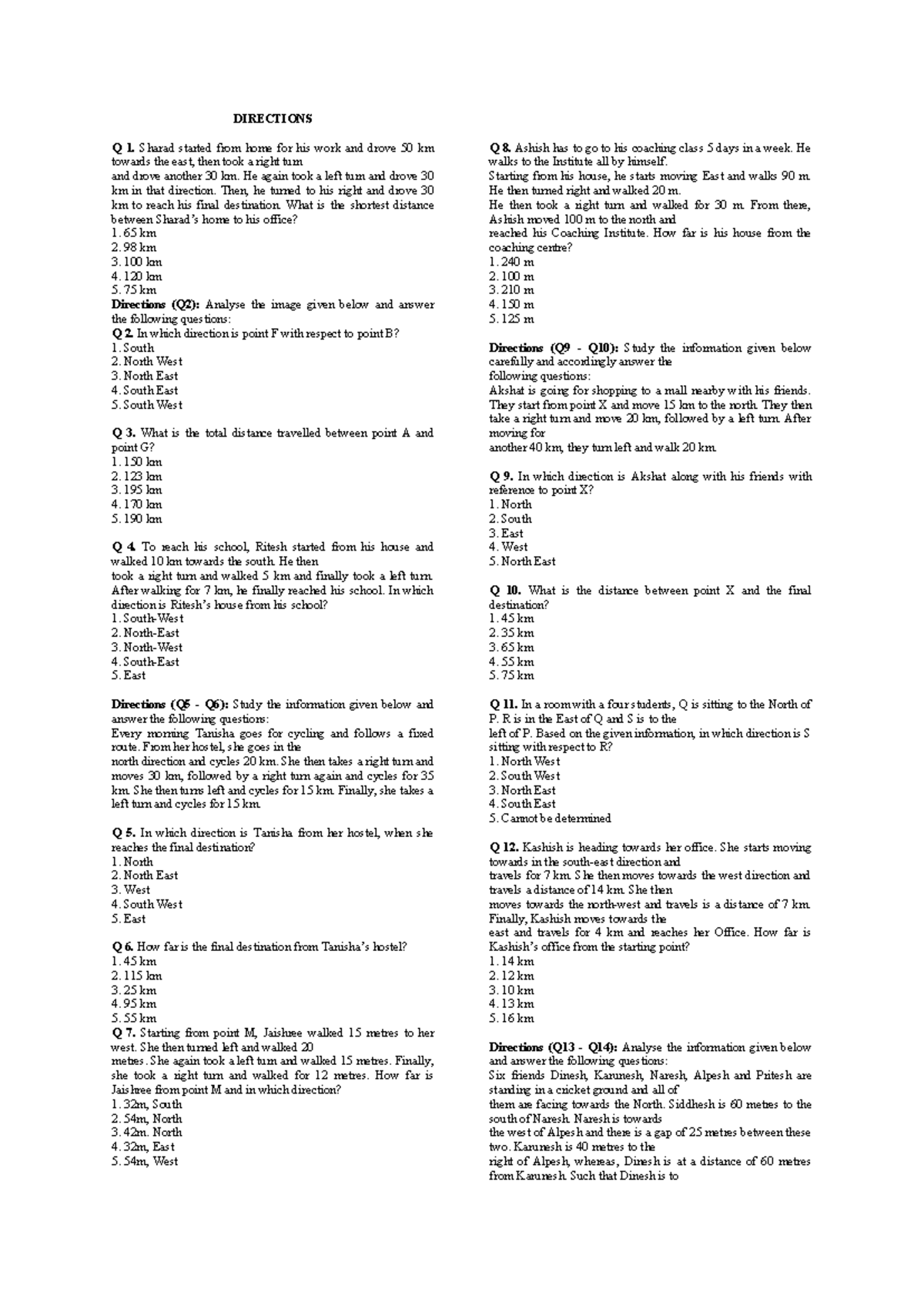 Directions - aptitude questions - DIRECTIONS Q 1. Sharad started from ...
