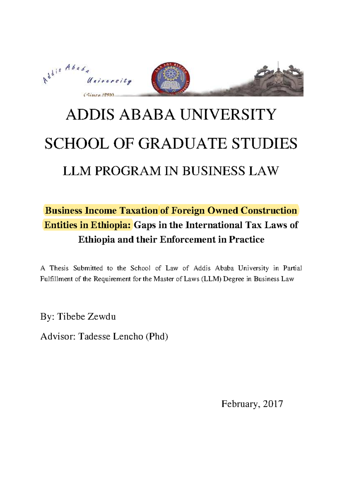Tibebe Zewdu - ADDIS ABABA UNIVERSITY SCHOOL OF GRADUATE STUDIES LLM PROGRAM IN BUSINESS LAW ...