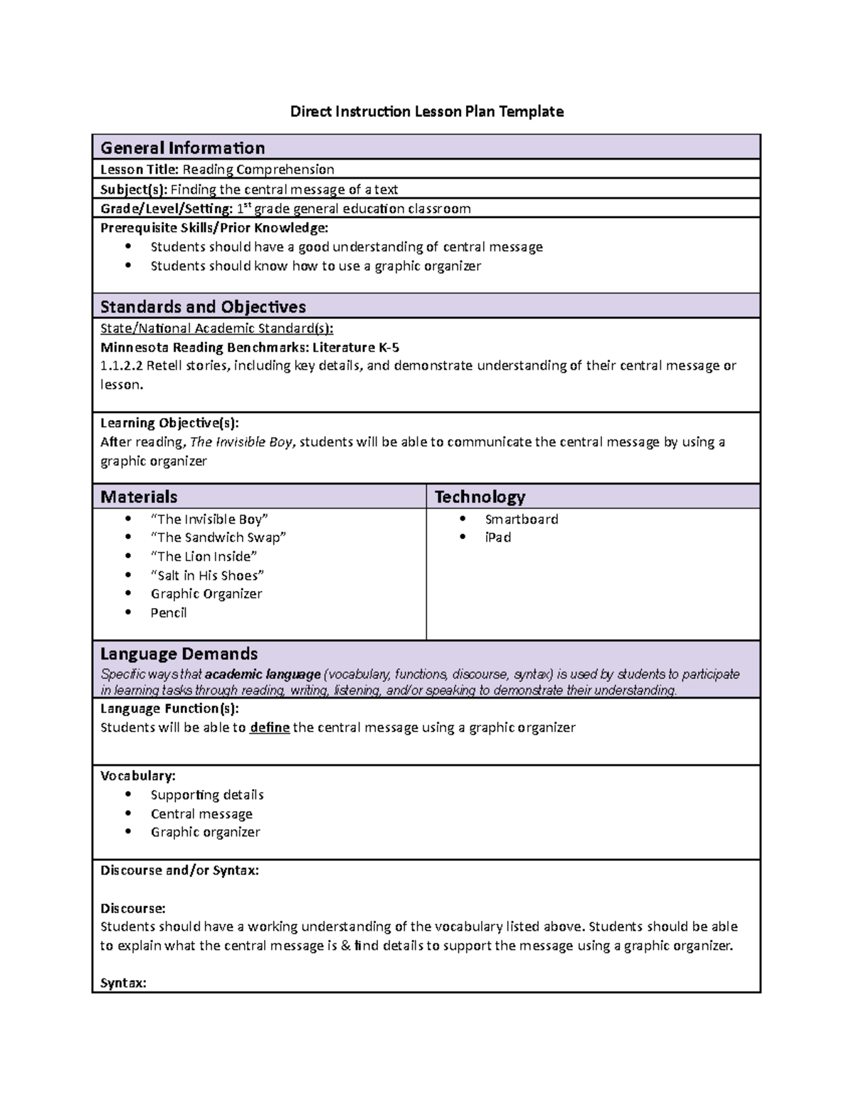 Task 1 Lesson Plan C. Lit - Direct Instruction Lesson Plan Template ...