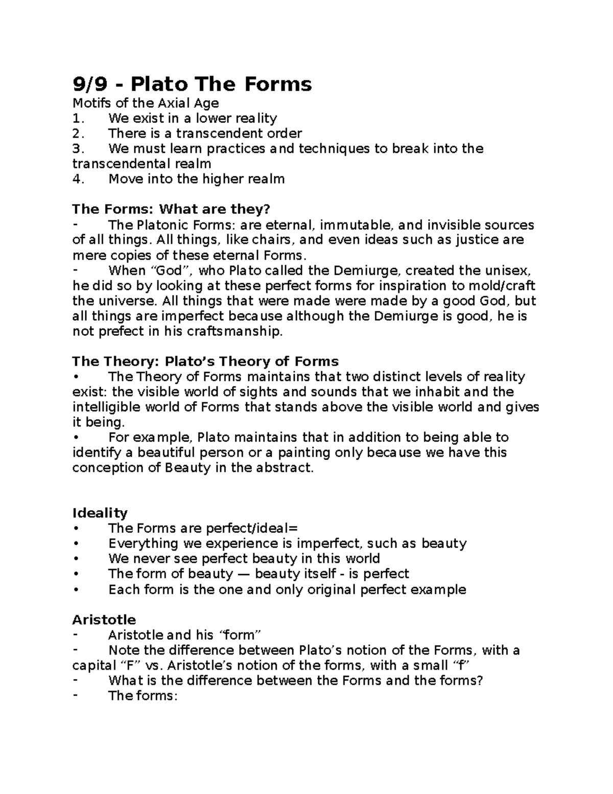 9-9 lecture notes - 9/9 - Plato The Forms Motifs of the Axial Age We ...