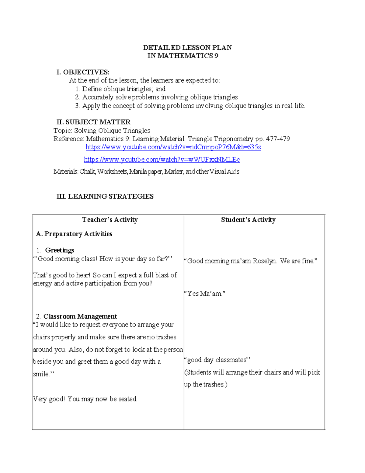 Oblique Triangles (Introduction) - DETAILED LESSON PLAN IN MATHEMATICS ...