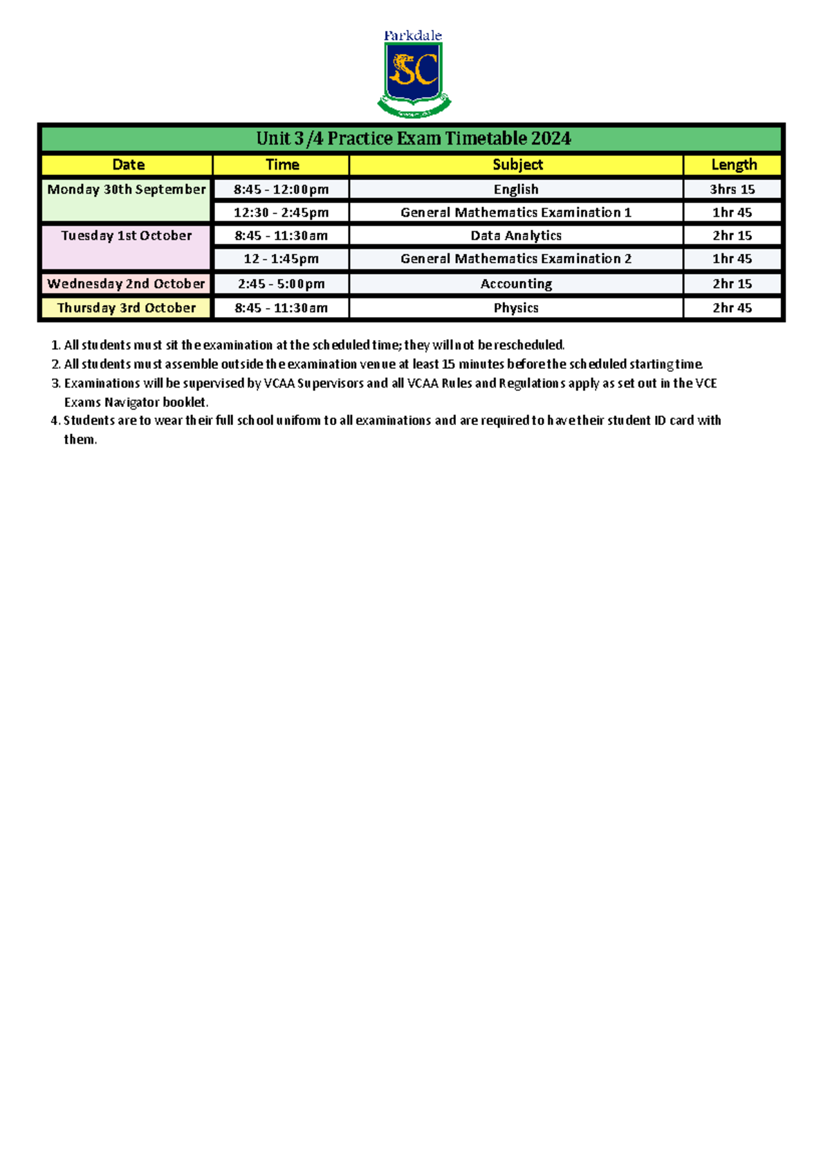 2024 Unit 3+4 Practice Exams - Unit 3/4 Practice Exam Timetable 2024 ...