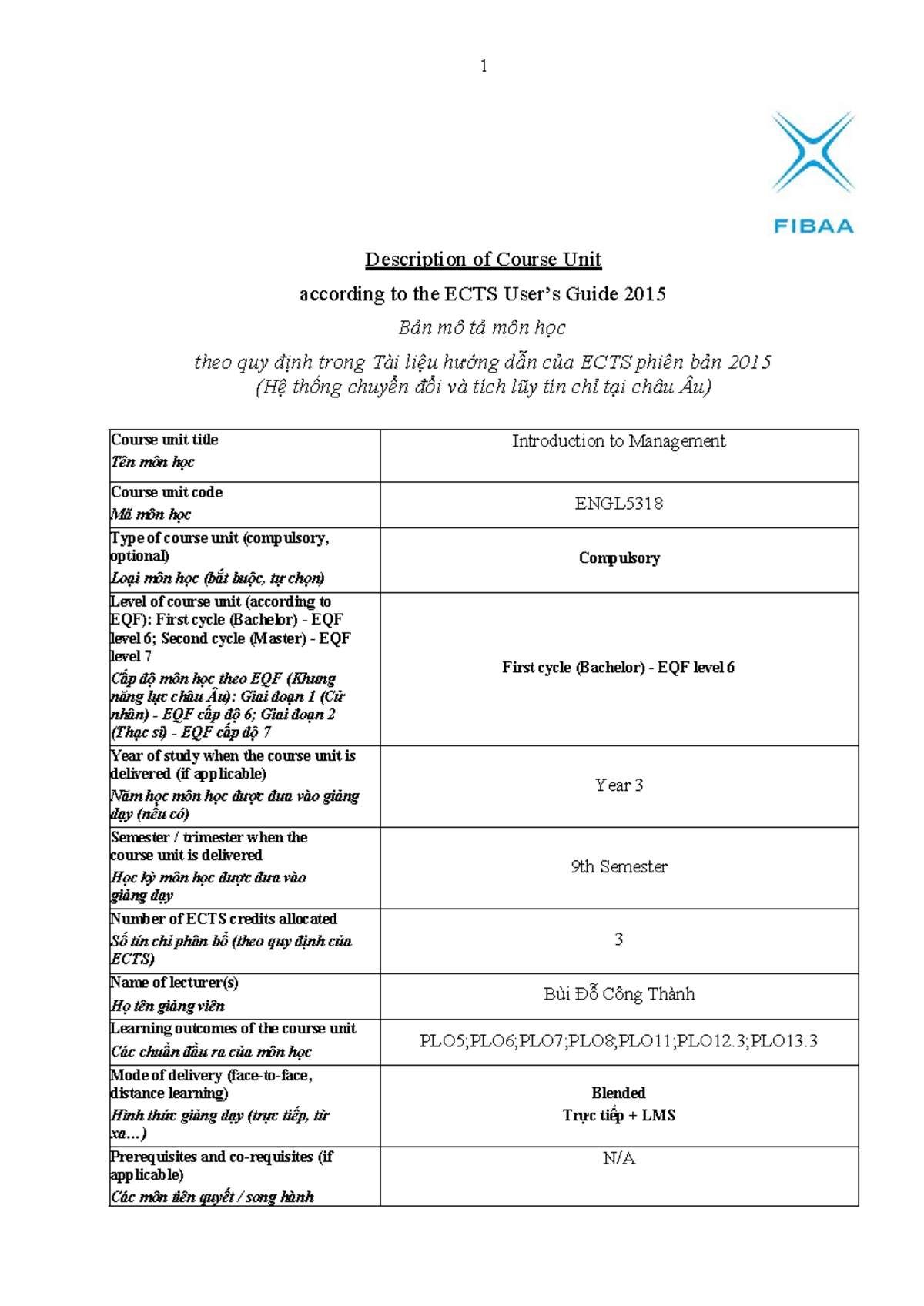 Introduction to Management - ENGL5318 (2) CLC - Description of Course Unit according to the ECTS ...