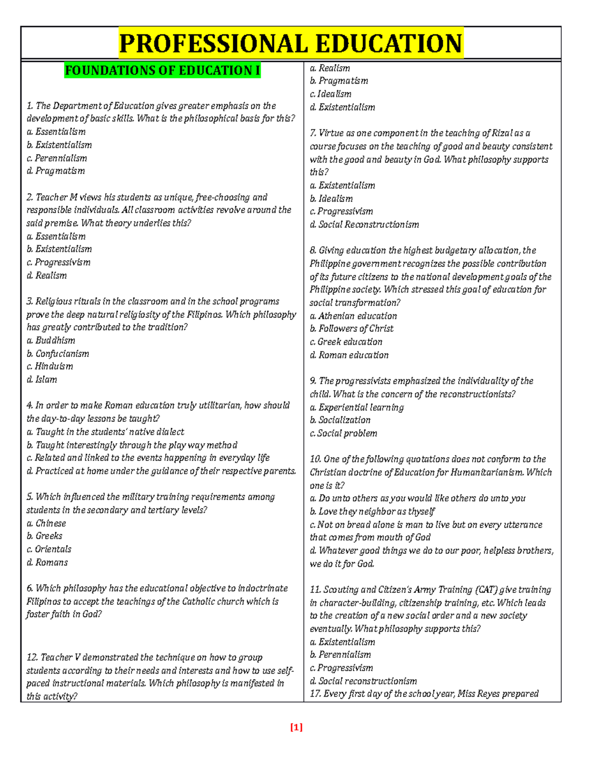 PRC Reviewer - Profed - PROFESSIONAL EDUCATION FOUNDATIONS OF EDUCATION ...