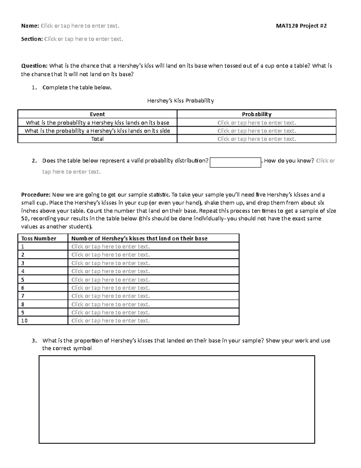 MAT 120 Project #2 - Name: Click or tap here to enter text. MAT120 ...