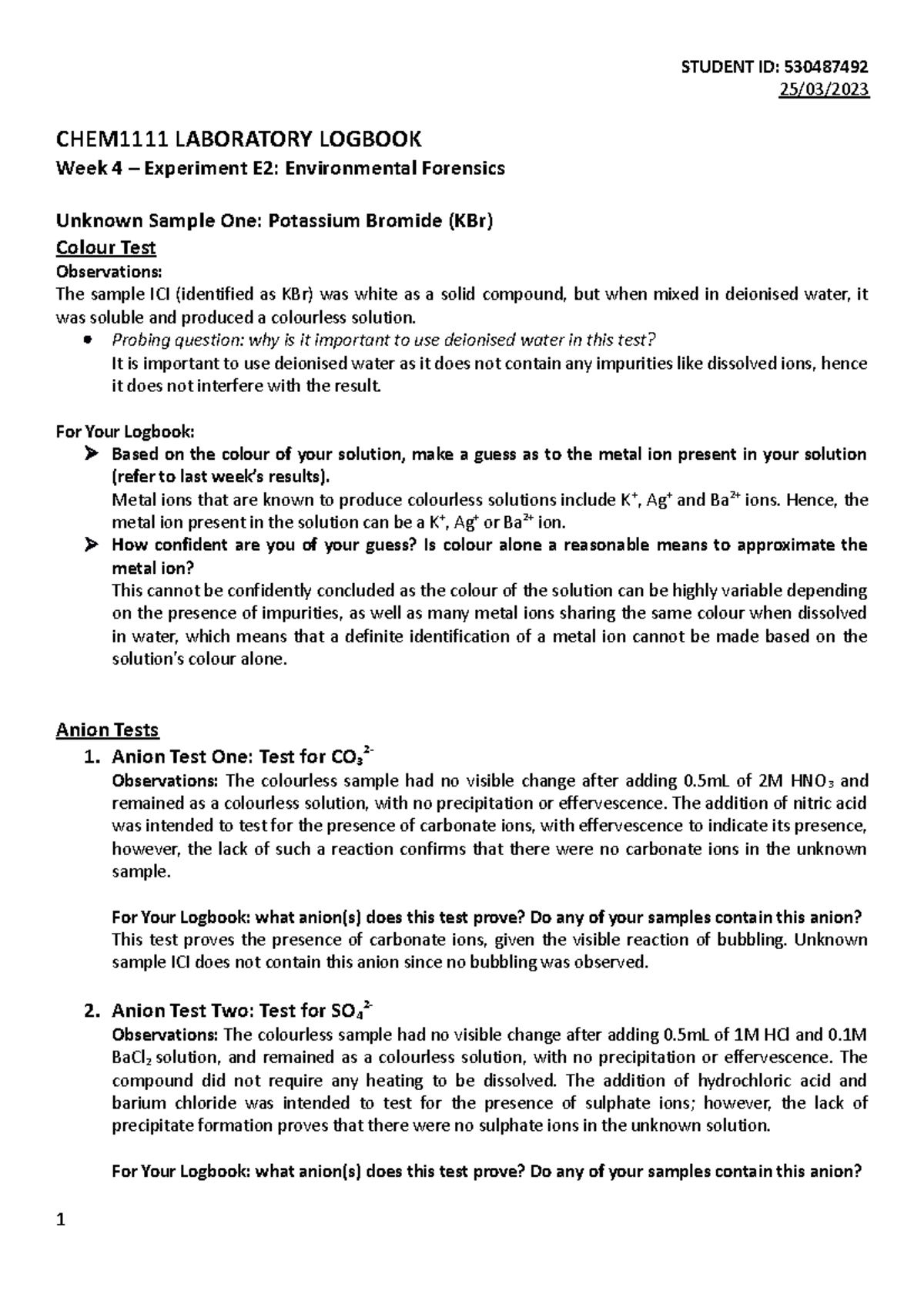 Experiment 2 - Logbook - 25/03/ CHEM1111 LABORATORY LOGBOOK Week 4 – Experiment E2 ...