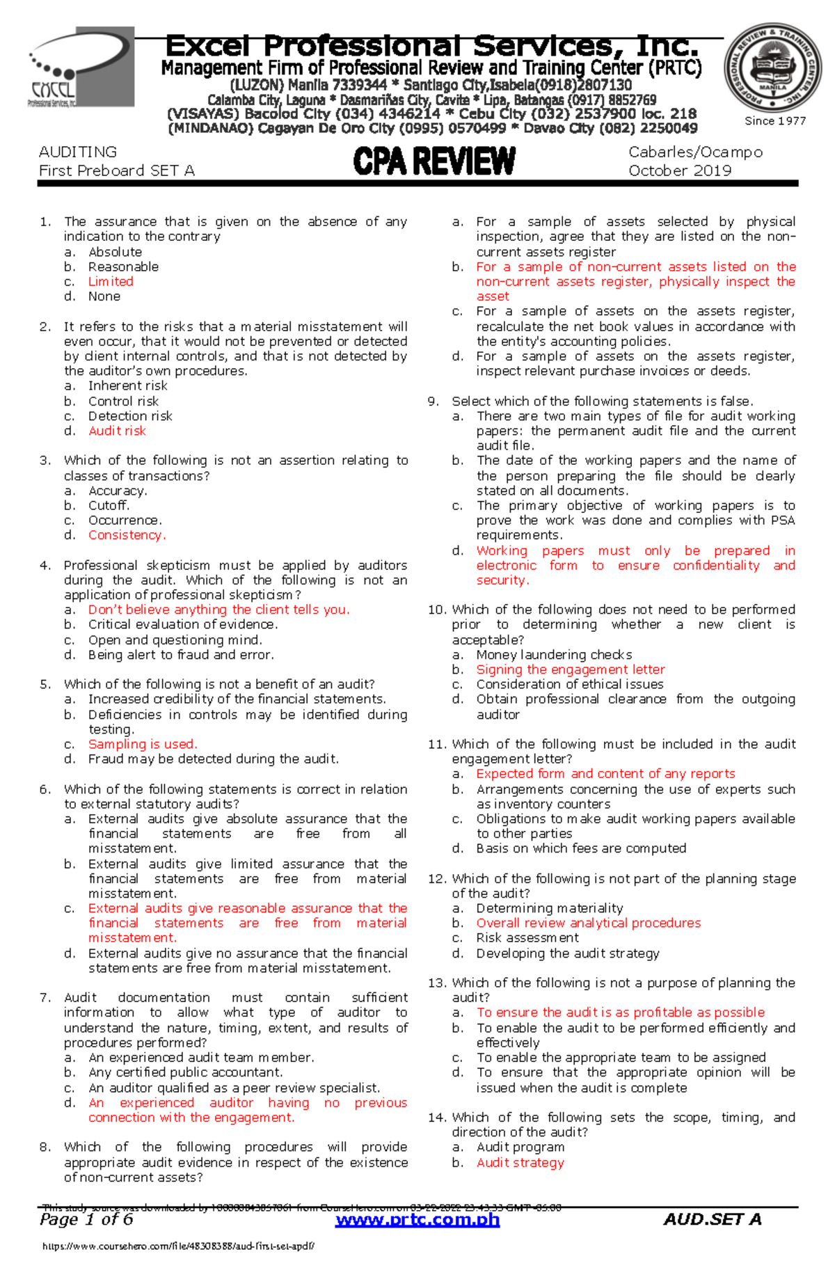 Auditing first set A Problems with answers - Page 1 of 6 prtc.com AUD A ...