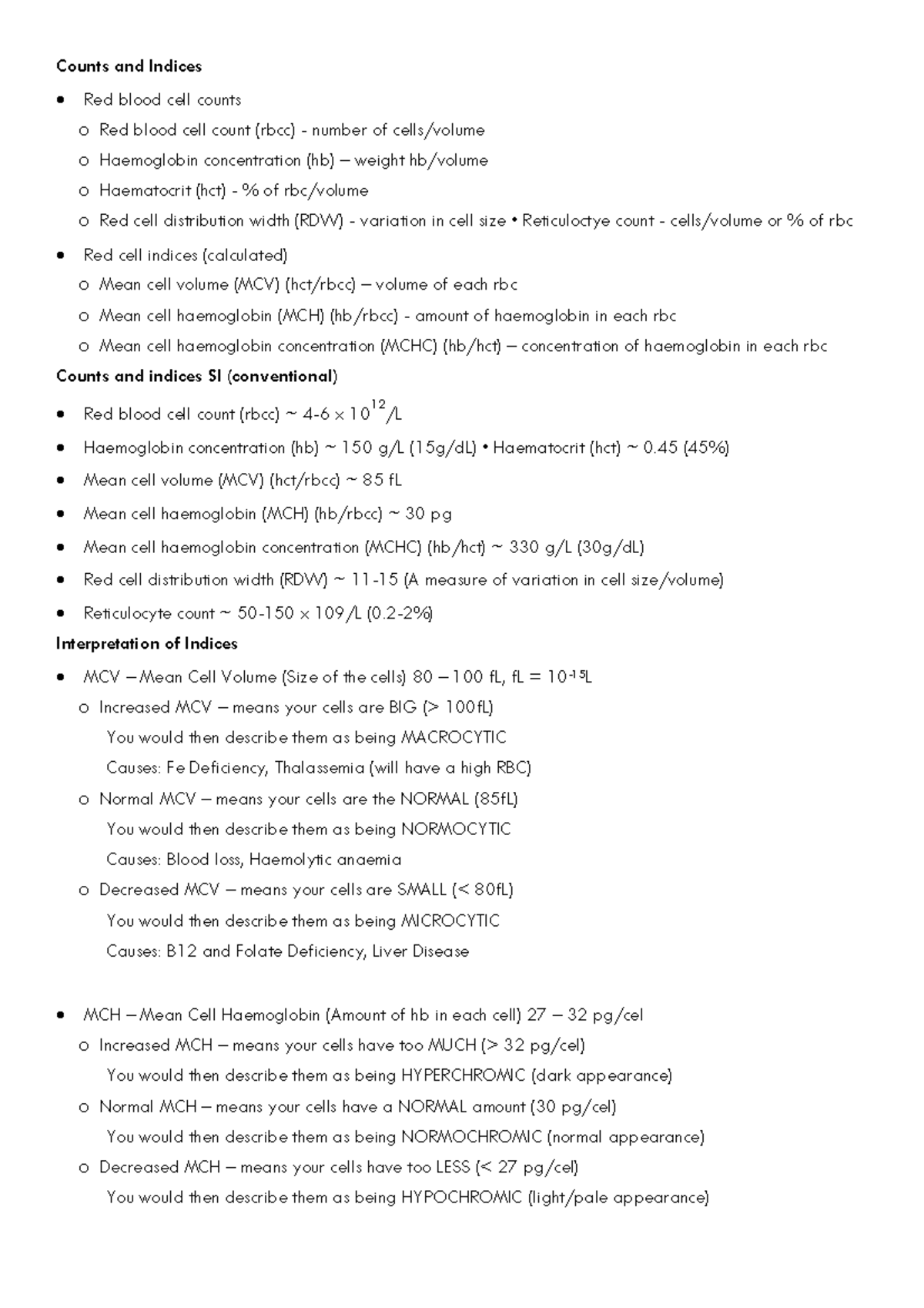 Counts and Indices - All the formulas and ranges used in Haematology 1 ...
