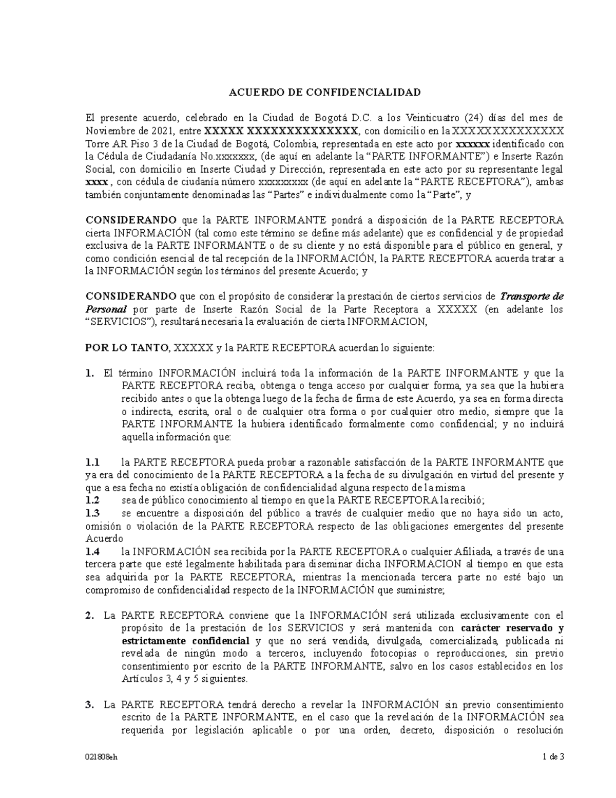Modelo Acuerdo Confidencialidad - ACUERDO DE CONFIDENCIALIDAD El ...
