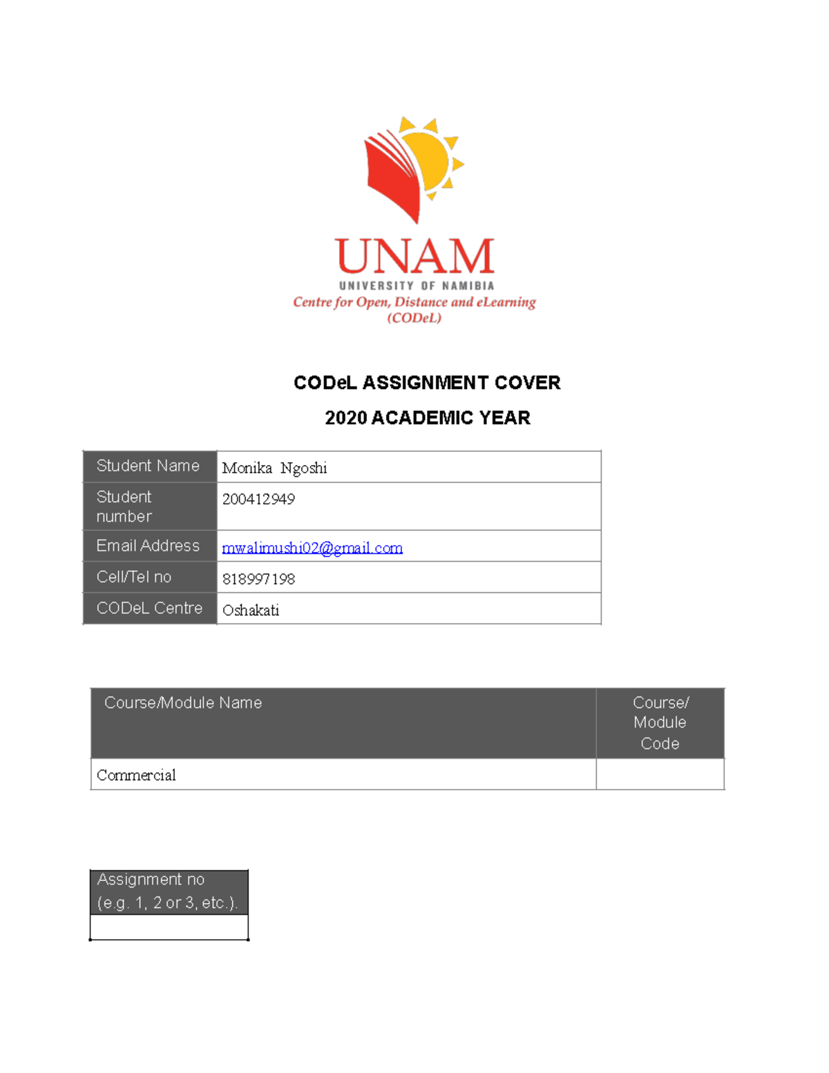 Unam2004 12949 nghoshi - ! CODeL ASSIGNMENT COVER 2020 ACADEMIC YEAR ...
