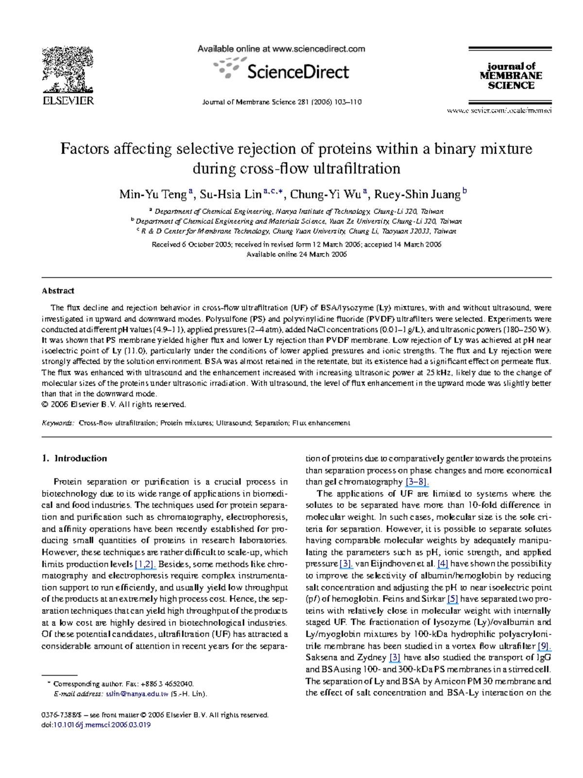 Factors affecting selective rejection during UF - Journal of Membrane Science 281 (2006) 103 ...