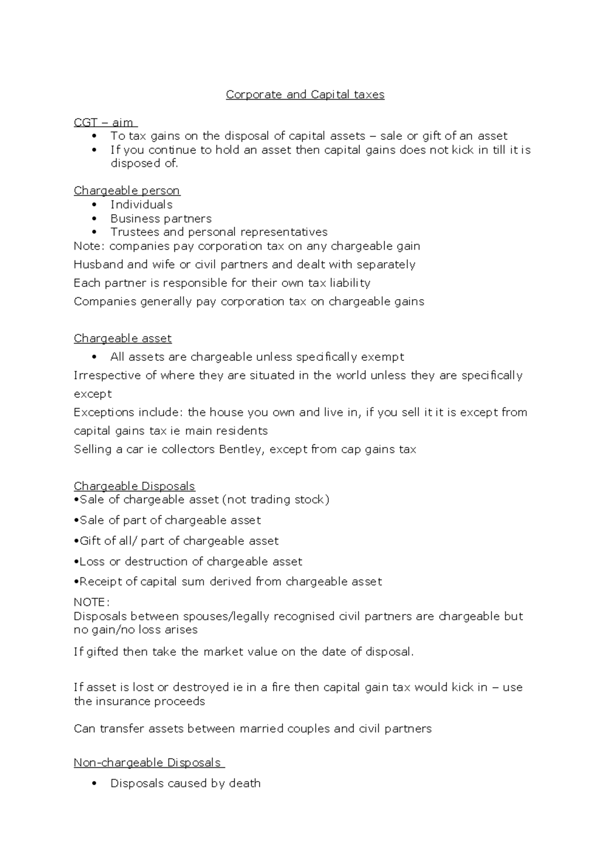 Lecture 1 - CGT notes - Corporate and Capital taxes CGT – aim To tax ...
