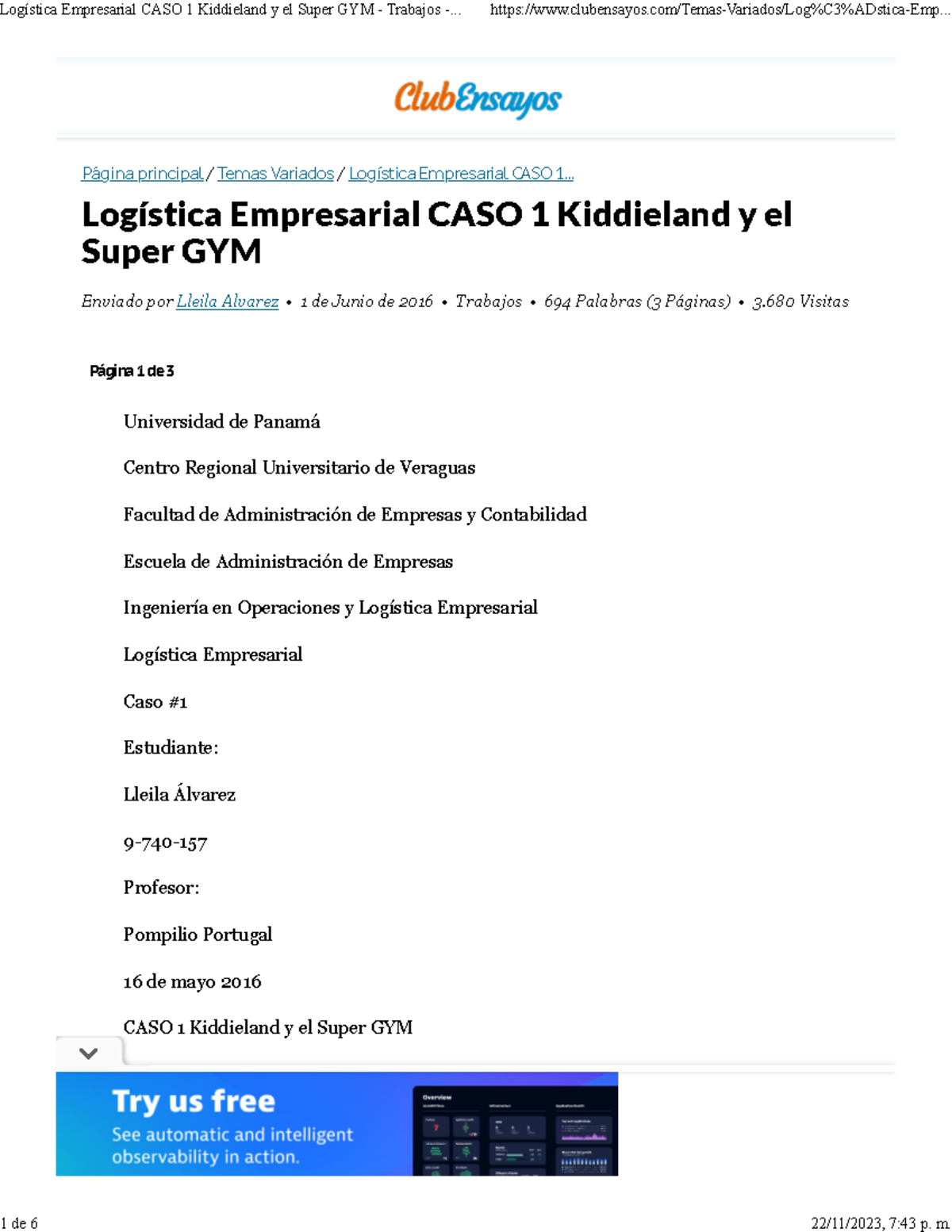 Logística Empresarial CASO 1 Kiddieland y el Super GYM - Trabajos - Lleila Alvarez - Logística ...